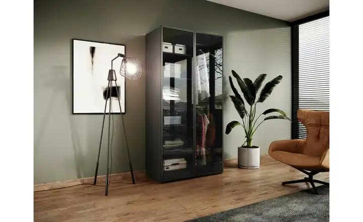 Drehtürenschrank 4 türig Sandbox | ohne Beleuchtung, Schwarz, transparent