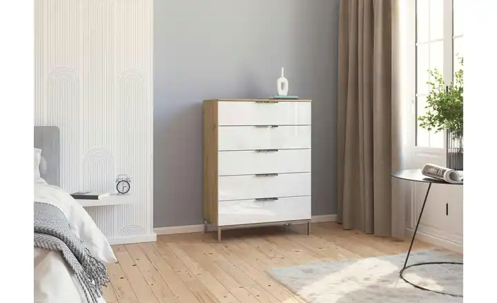 Kommode Frome | Weiß, Front: Glas, Oberboden: Dekor