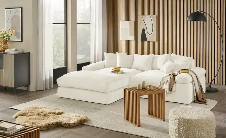 Ecksofa Lionore in Creme Cordstoff | links