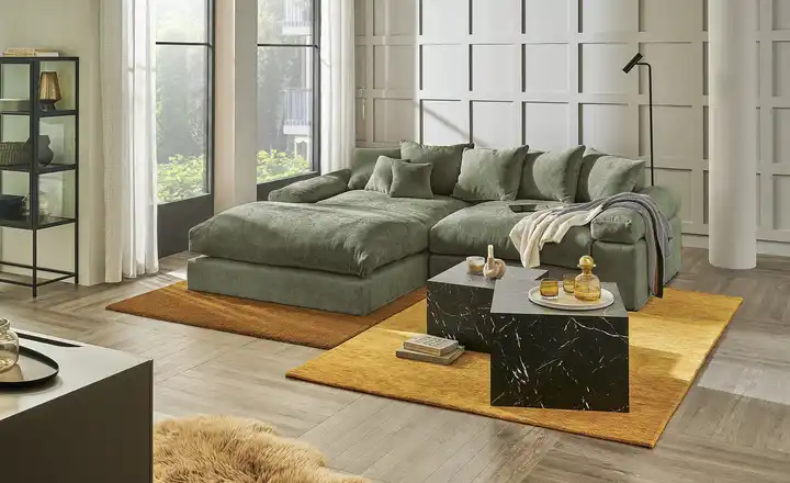 Lionore | Ecksofa in Grün mit Chenille-Bezug