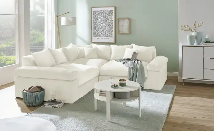 Ecksofa Lionore in Creme | Webstoff & 10 Kissen
