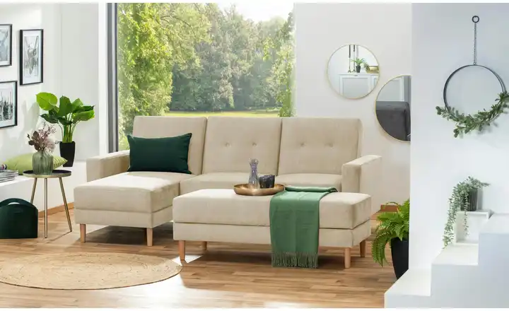 Beiges Ecksofa Just Cool mit Hocker